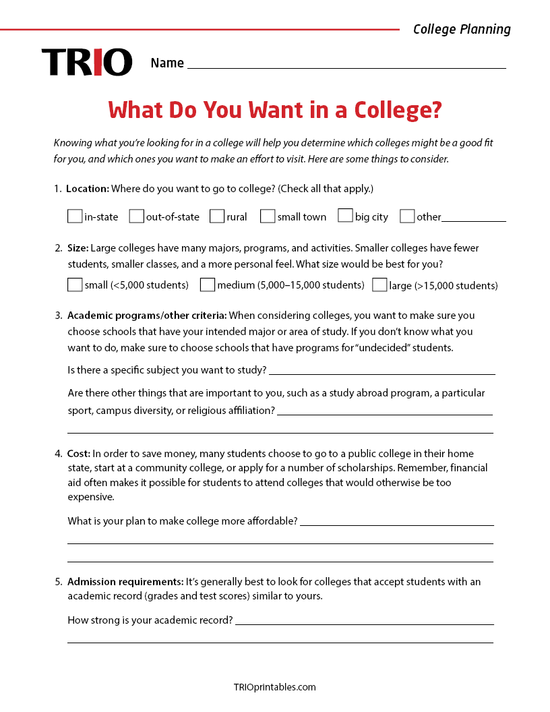 What Do You Want in a College? Activity Sheet – TRIO Printables