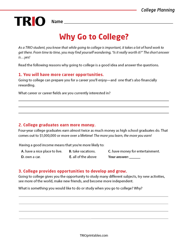 Why Go to College? Activity Sheet – TRIO Printables