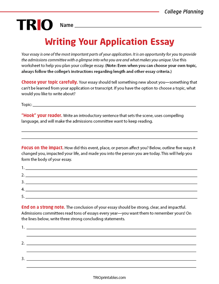 Writing Your Application Essay Activity Sheet – TRIO Printables