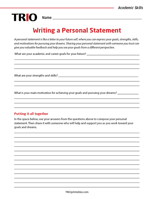 Writing a Personal Statement Activity Sheet – TRIO Printables