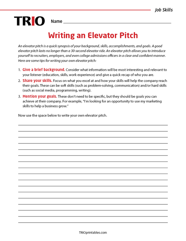 Writing an Elevator Pitch Activity Sheet – TRIO Printables
