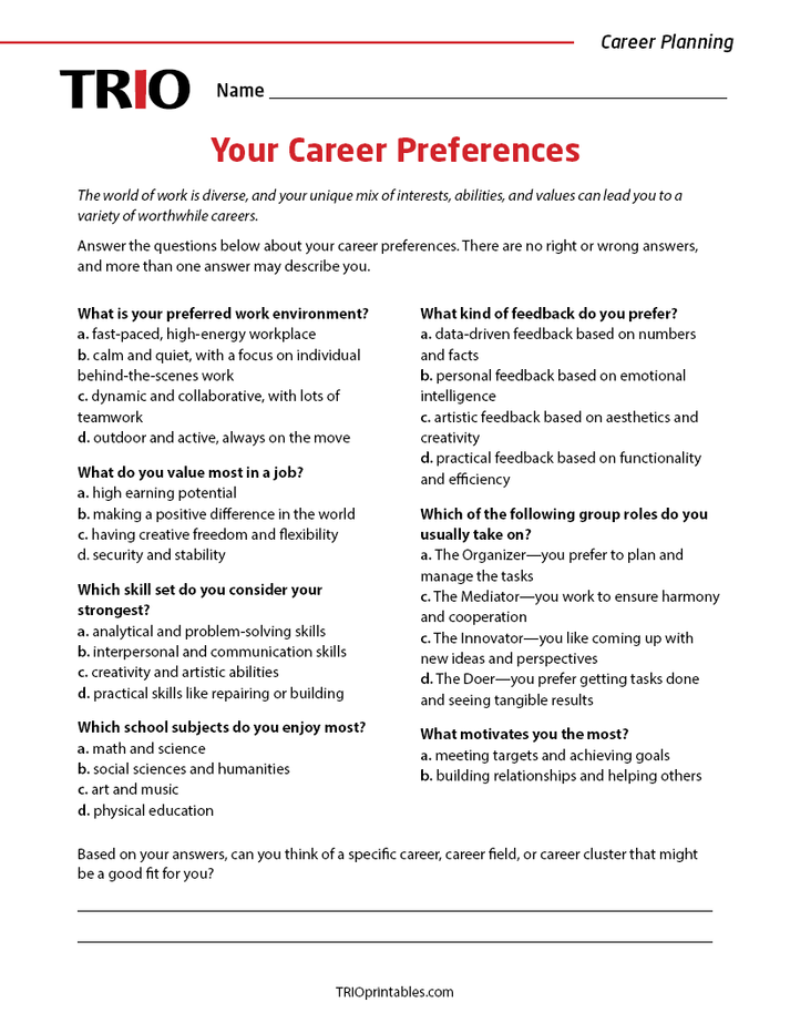 Your Career Preferences Activity Sheet – TRIO Printables