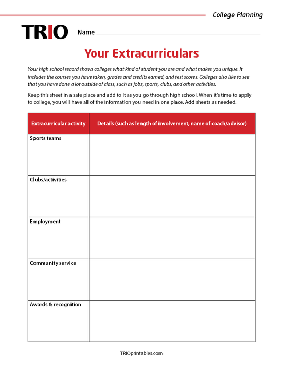 Your Extracurriculars Activity Sheet – TRIO Printables