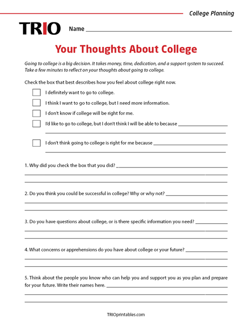 Your Thoughts About College Activity Sheet – TRIO Printables