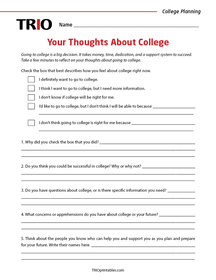 Learning About College – TRIO Printables
